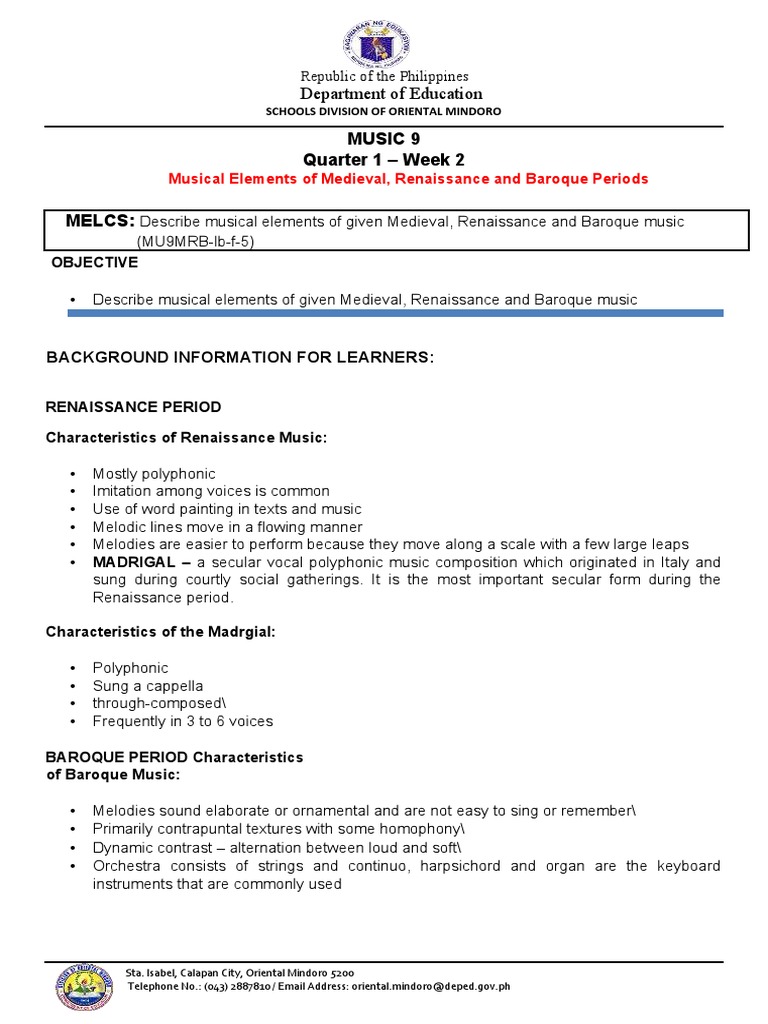 Music 9 First Quarter Week 2 | PDF | Baroque Music | Gregorian Chant