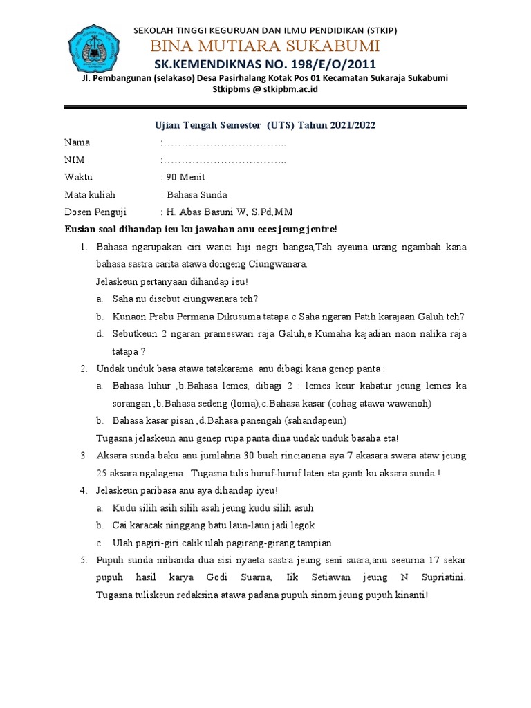 Soal UTS Bahasa Sunda 2021-2022 | PDF