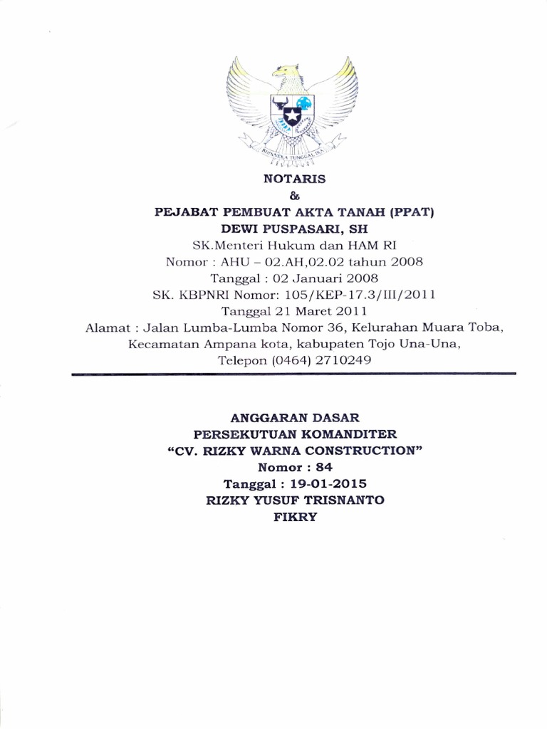 Akta Pendirian - Cv. Rizky Warna | PDF