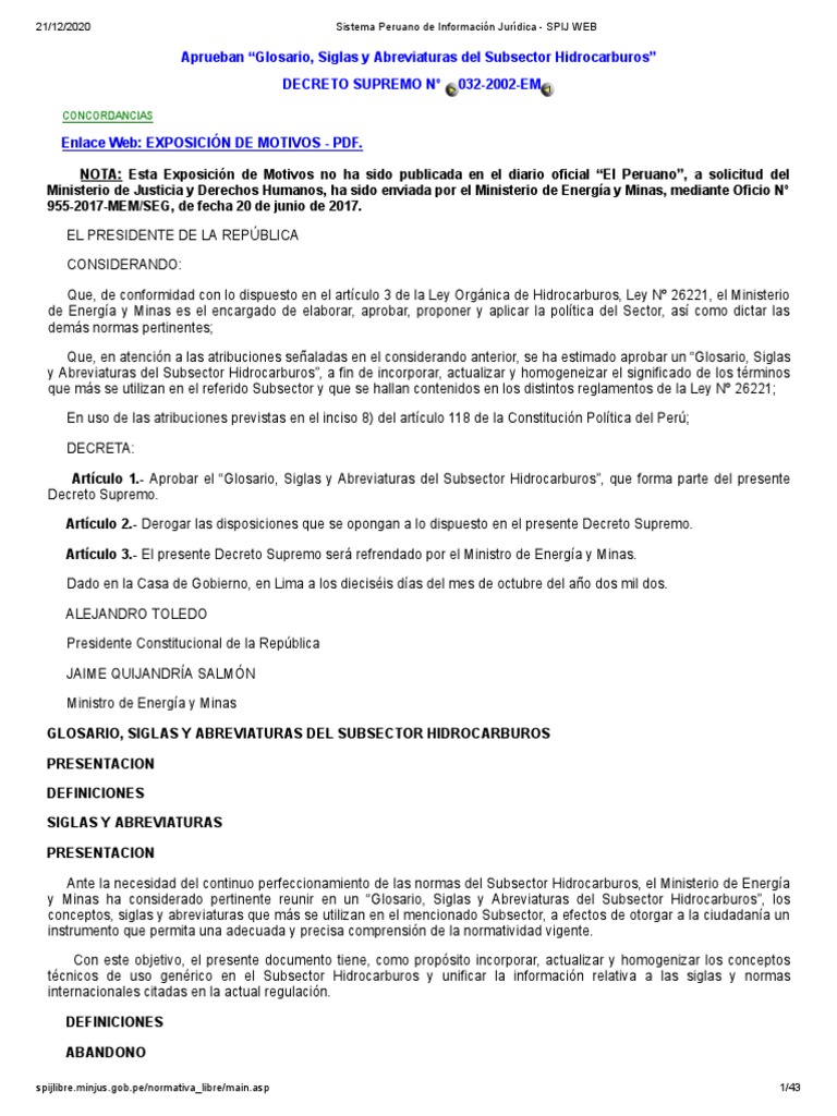 DS-032-2002-EM Glosario, Siglas y Abreviaturas del Subsector Hidrocarburos | PDF | Petróleo ...