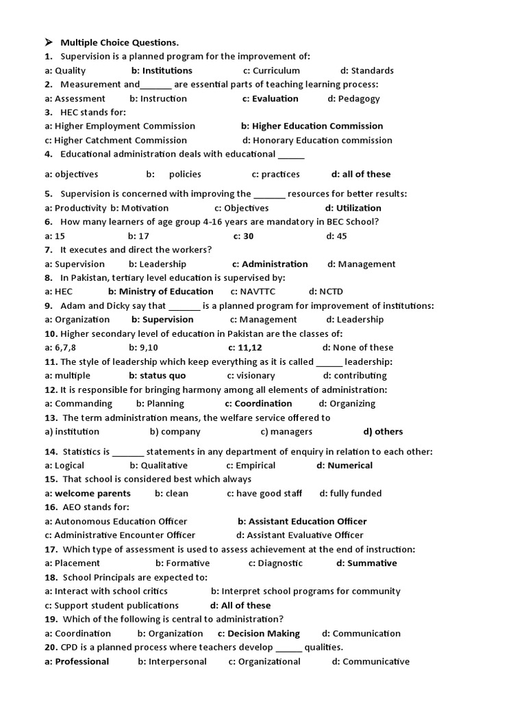 Multiple Choice Questions on Educational Leadership, Administration, Supervision and Community ...