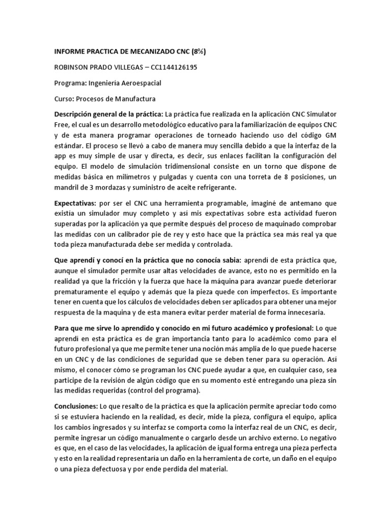 Formatos Informes CNC | PDF | Control numerico