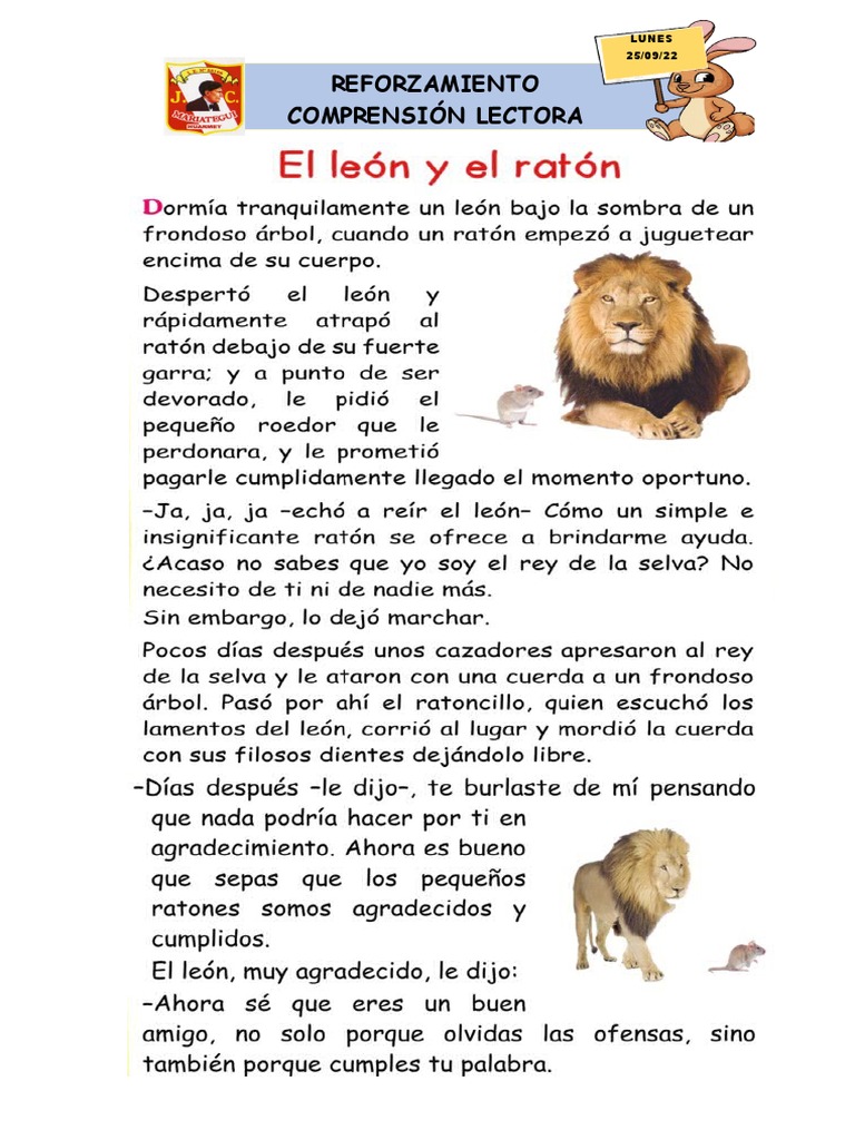 Comprensión lectora sobre la fábula del león y el ratón | PDF