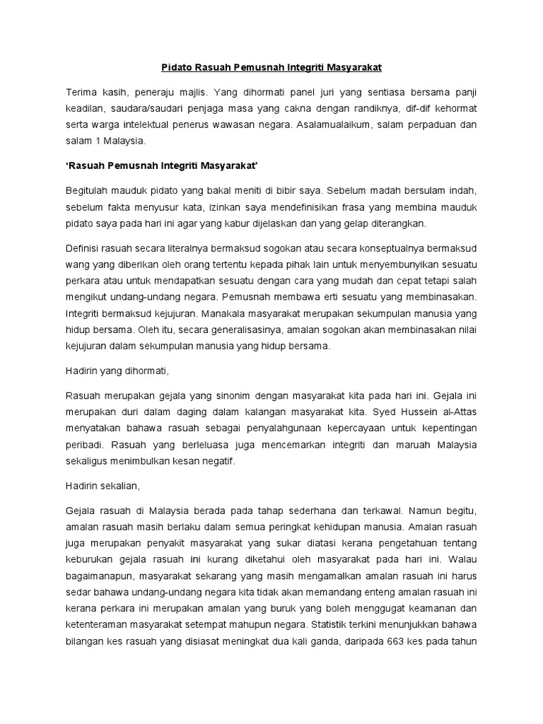 Pidato Rasuah Pemusnah Integriti Masyarakat | PDF
