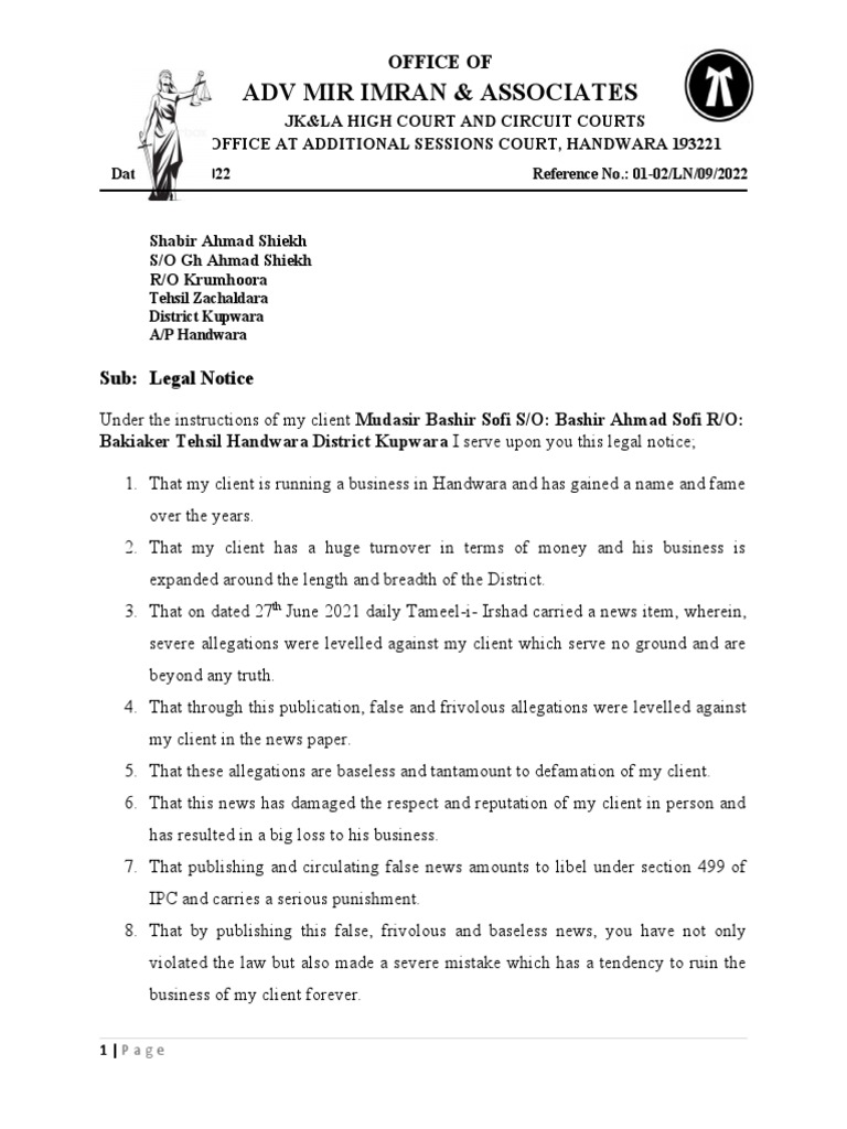 Defamation Notice | PDF | Cheque | Defamation