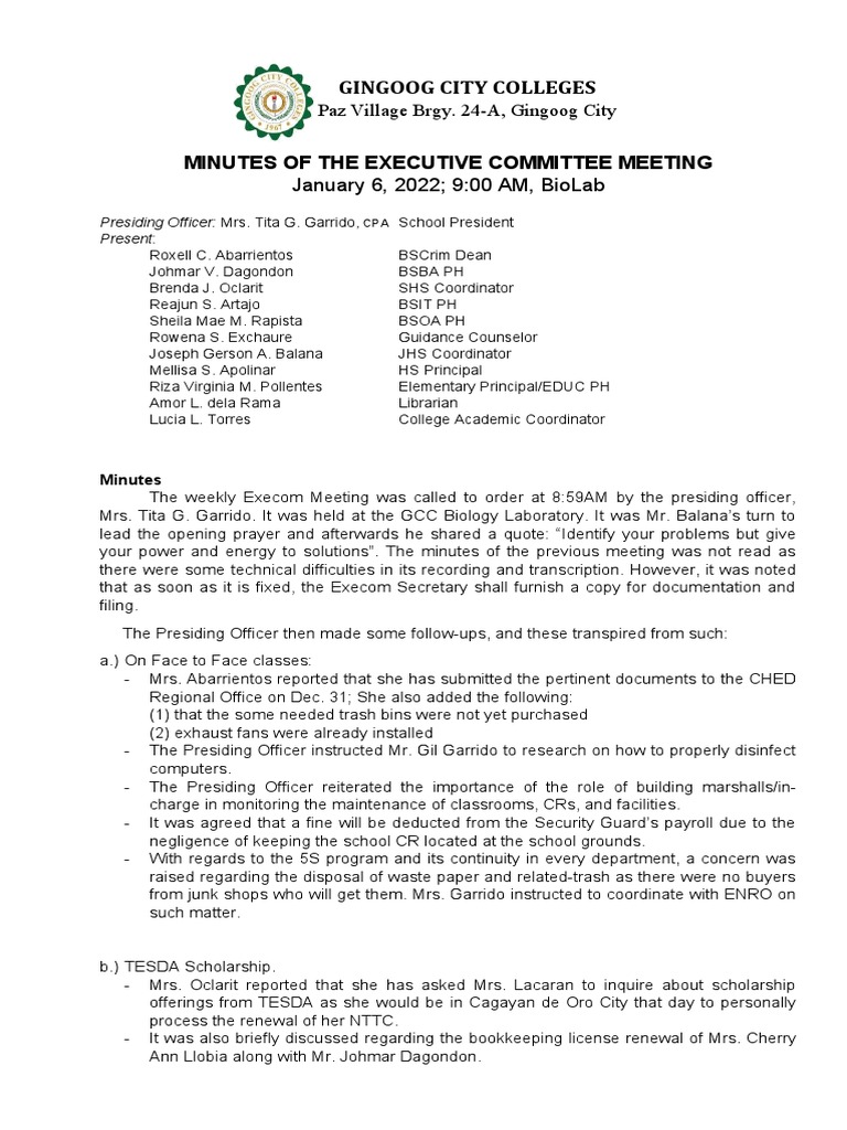 Minutes EXECOM Jan6 | PDF