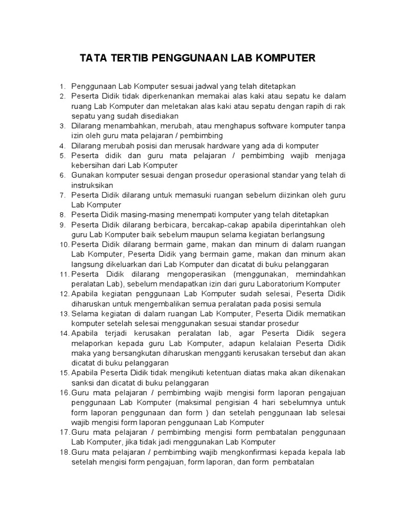 Tata Tertib Penggunaan Lab Komputer | PDF