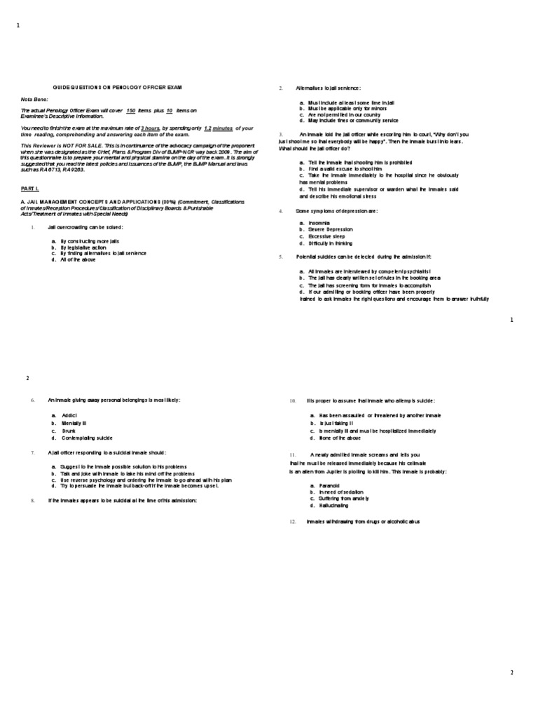 Penology Officer Exam Reviewer Guide | PDF | Prison | Mental Disorder