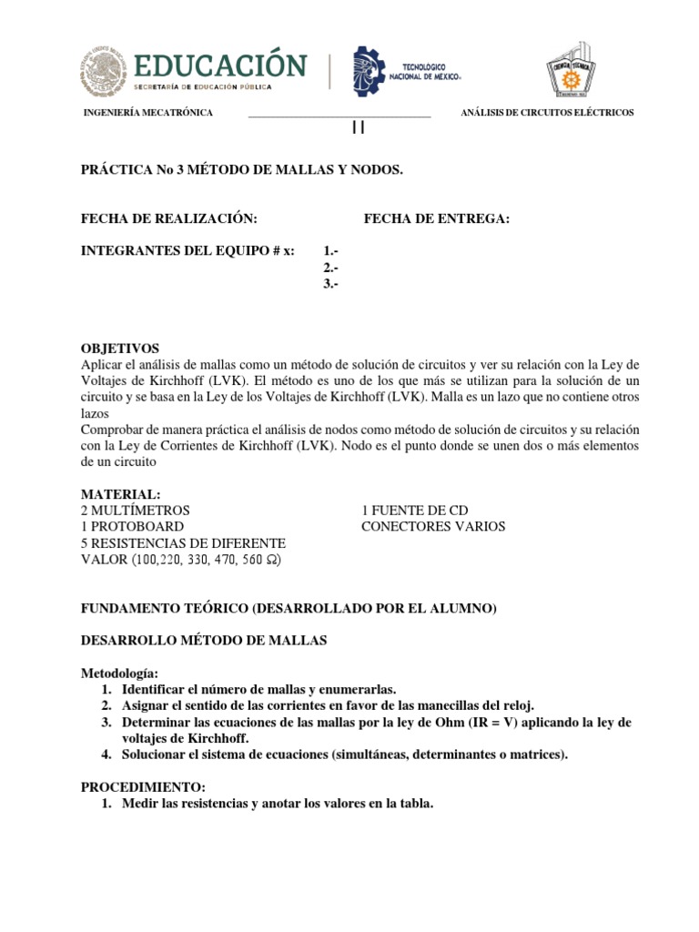 Pract - 3 Mallas y Nodos | PDF | Resistencia Eléctrica y Conductancia ...