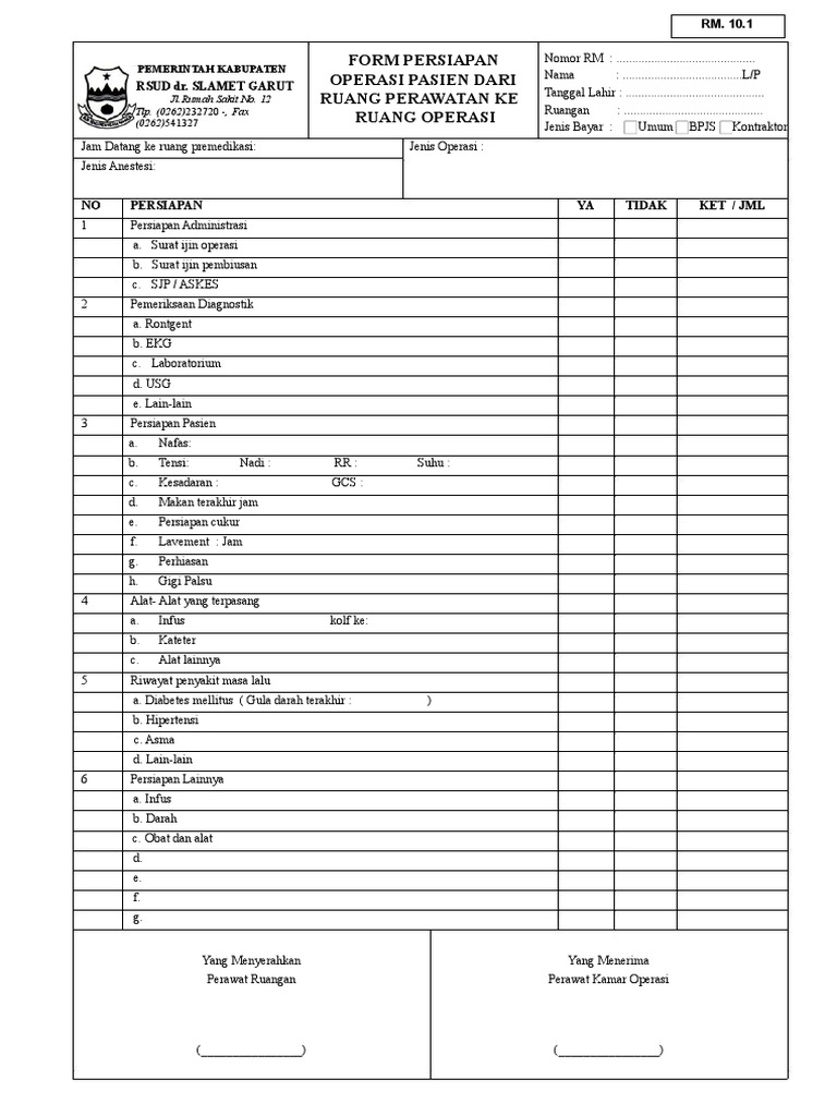 A. 1 Akre RM 10.1 Form Persiapan Operasi Pasien Dari Ruang Perawatan Ke Ruang Pramedikasi | PDF