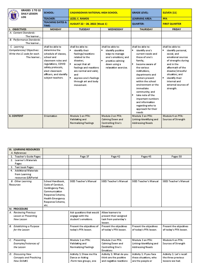 PFA Lesson Plan for Grade 11 Students | PDF
