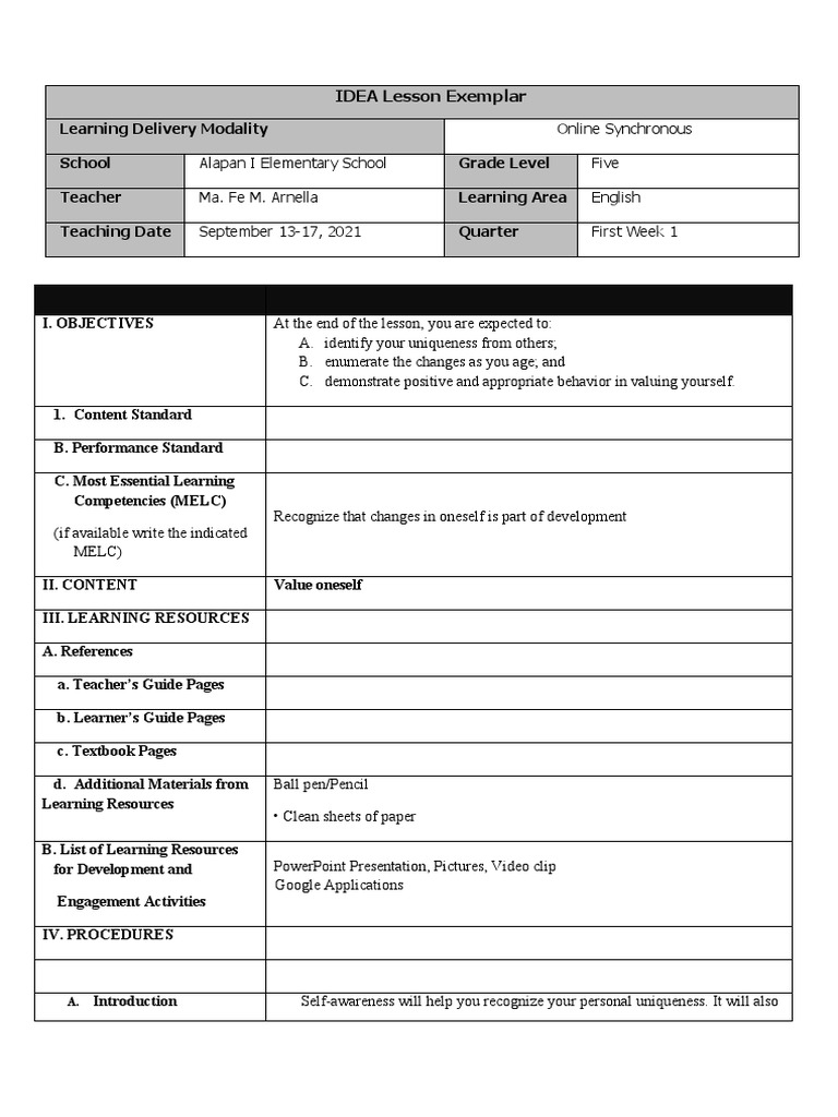 HG5 IDEA LE Q1 WEEK 1 | PDF | Learning | Education Theory