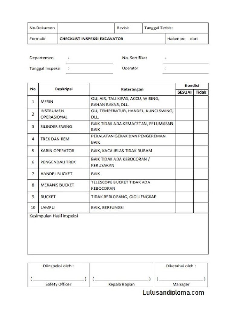 Form Checklist Inspeksi Exca | PDF