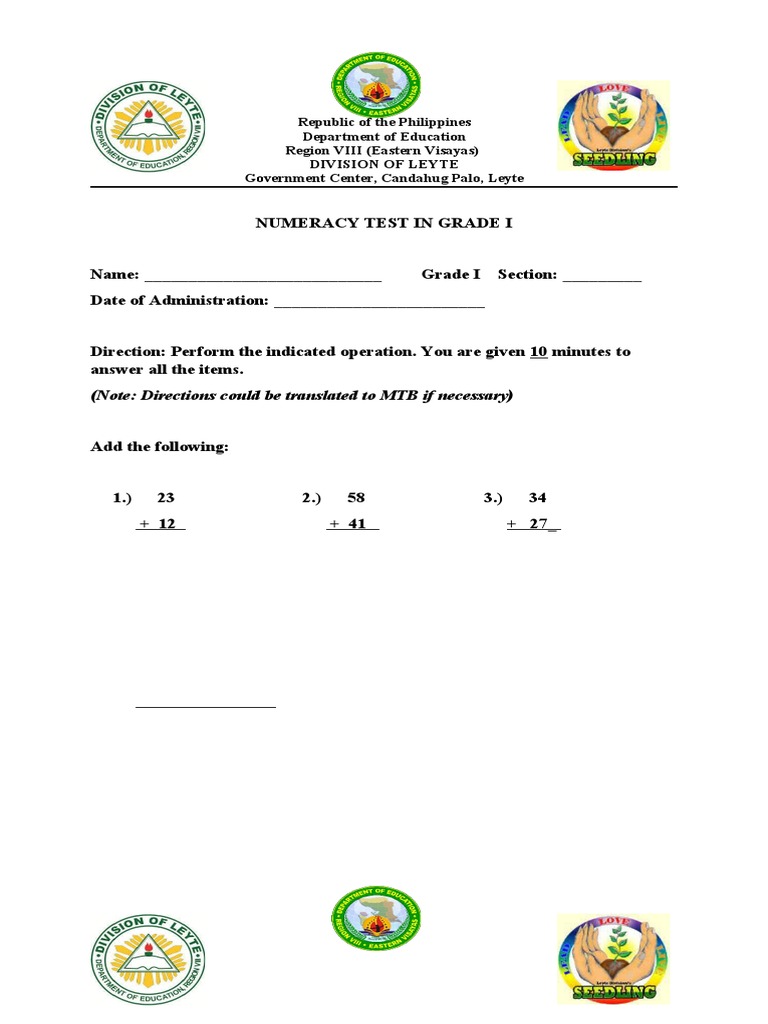 Grade-Level Numeracy Test Templates | PDF | Mathematics | Arithmetic