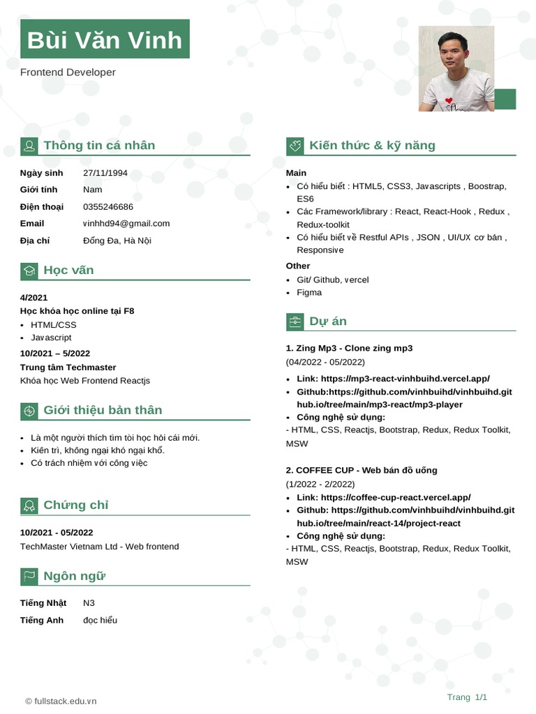 CV Bui Van Vinh Fresher Frontend | PDF