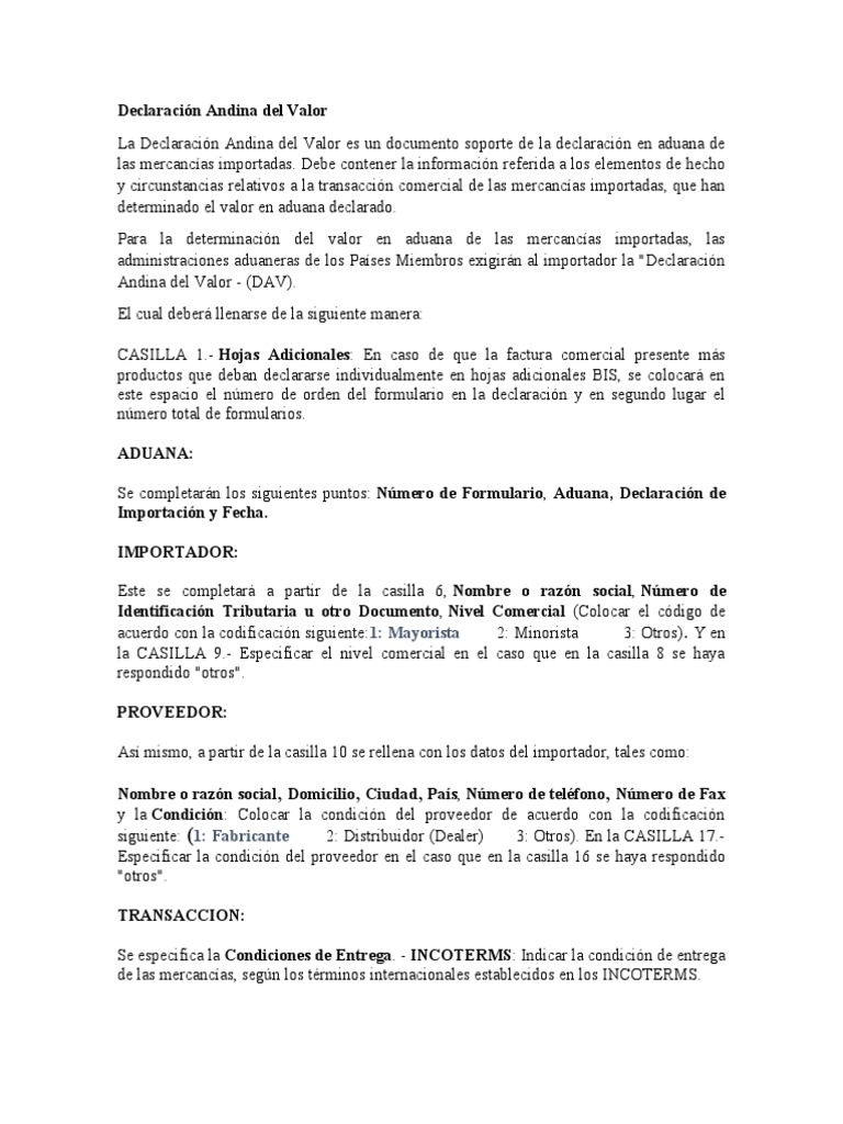 Declaración Andina del Valor: Guía Completa | PDF | aduana | Business