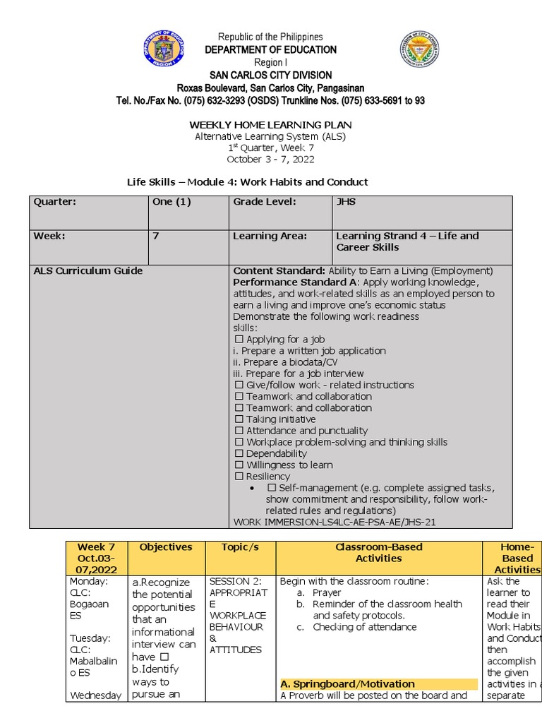 WLP LIFESKILSS QUARTER1 WEEK 7 Module 4 WORK HABITS AND CONDUCT | PDF | Learning | Time Management