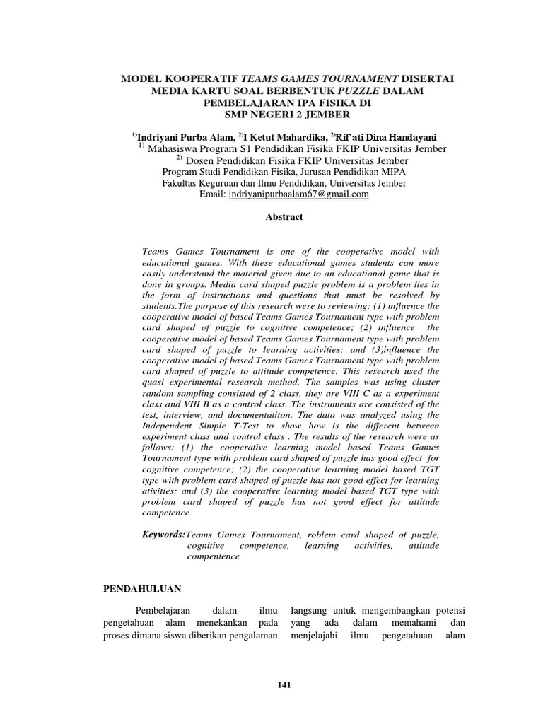 Model Kooperatif Teams Games Tournament Disertai Media Kartu Soal Berbentuk Puzzle Dalam ...
