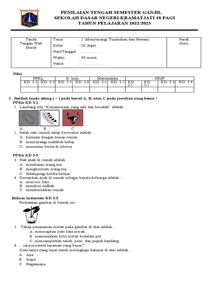 Soal PTS Kelas 3 Tema 2 3B | PDF | Griya & Taman