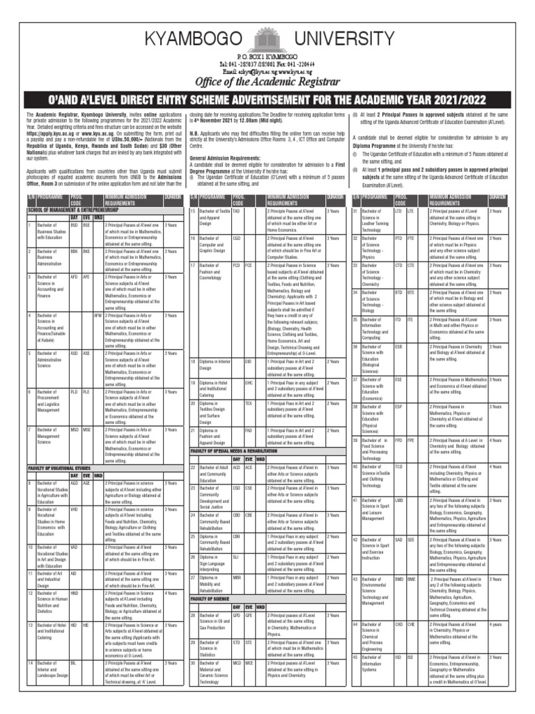 Kyambogo Univ 2fps 6 2021 22 Final Direct Entry Scheme Advert | PDF | Bachelor's Degree ...