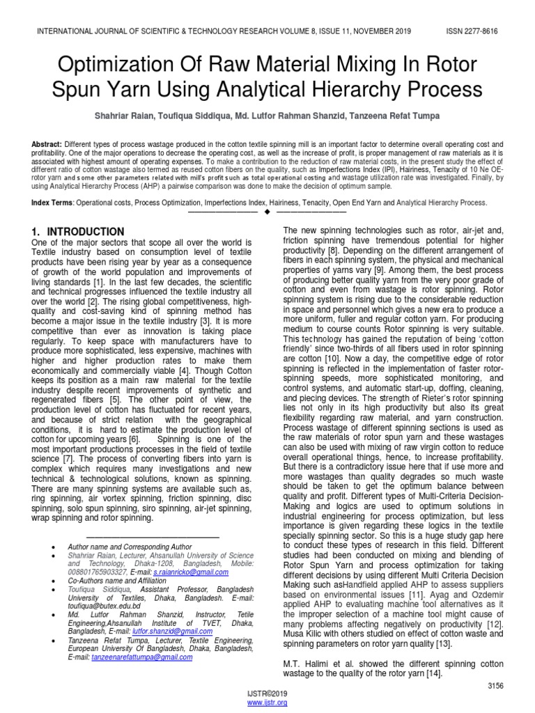 Optimization of Raw Material Mixing in Rotor Spun Yarn Using Analytical Hierarchy Process | PDF ...