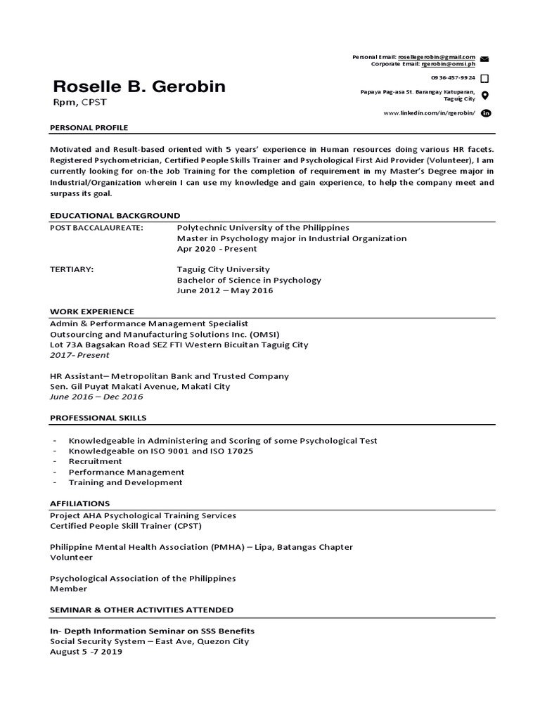 R. Gerobin CV (OJT) | PDF | Behavioural Sciences | Cognitive Science