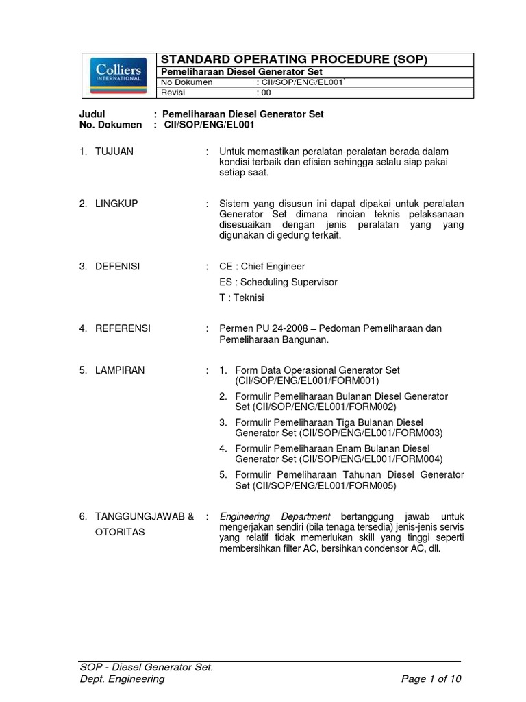 SOP ENG EL001 Diesel Generator Set | PDF