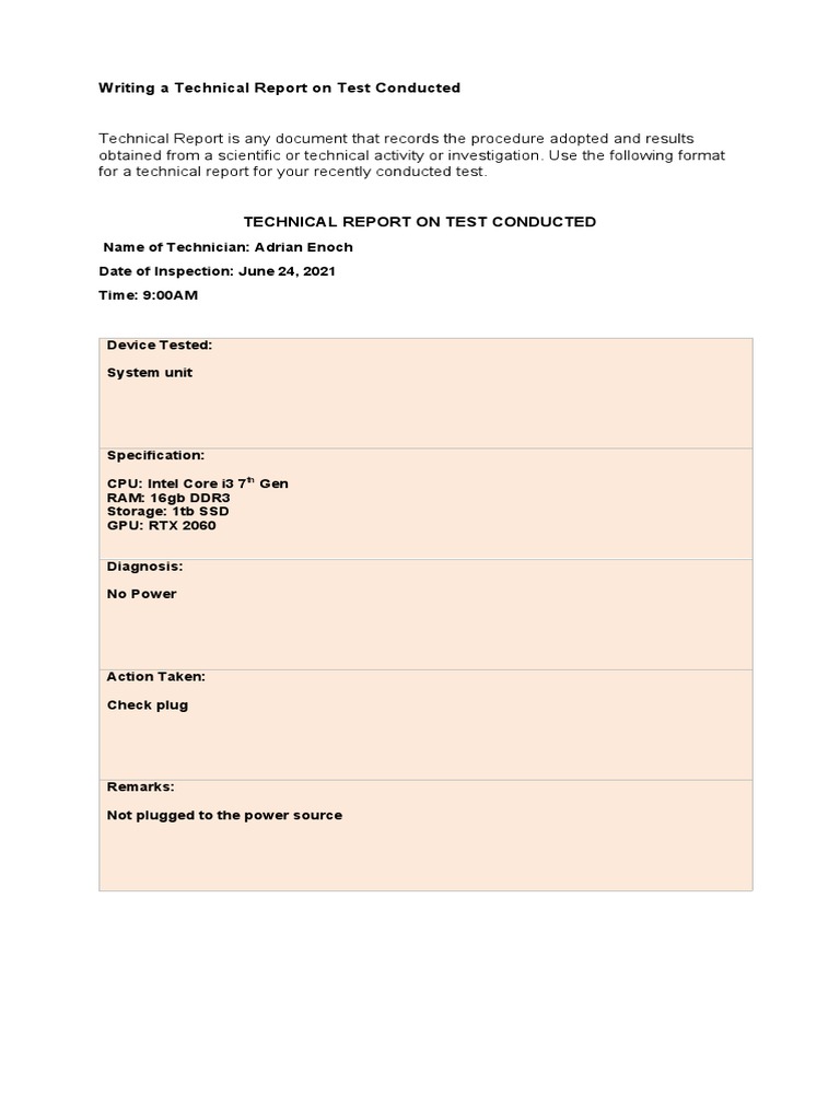 Writing A Technical Report On Test Conducted | PDF