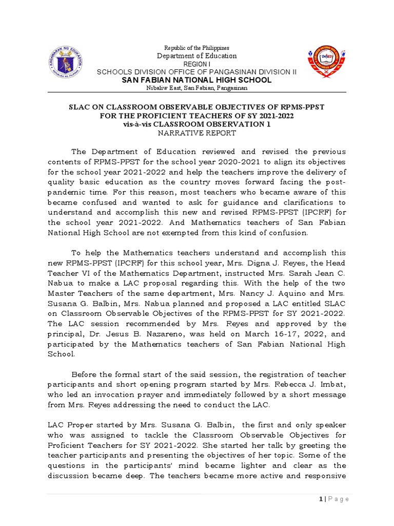 Narrative Report - SLAC On Classroom Observable Objectives of RPMS-PPST ...