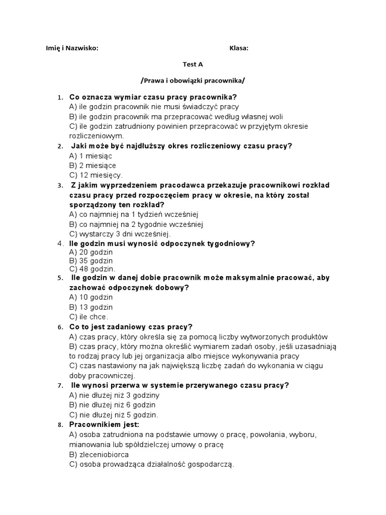 Kadry I Płace Test A | PDF