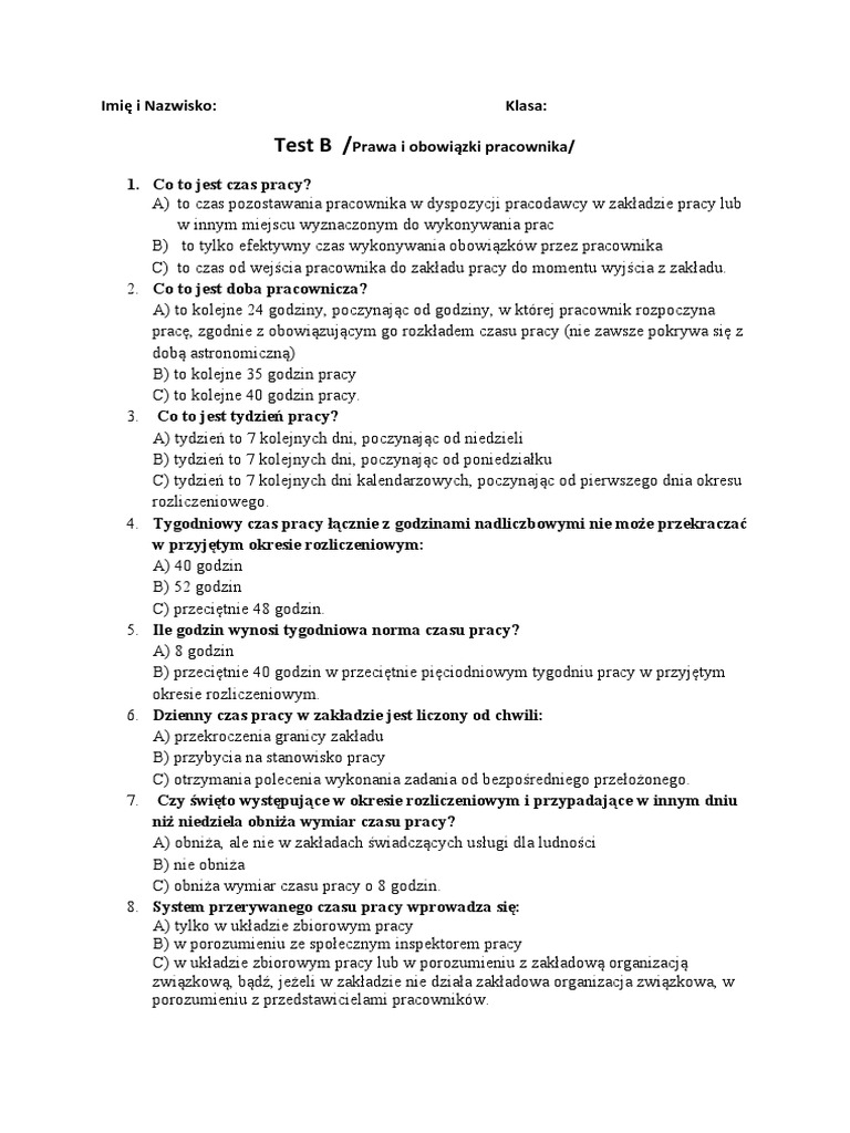 Kadry I Płace Test B - Kopia | PDF