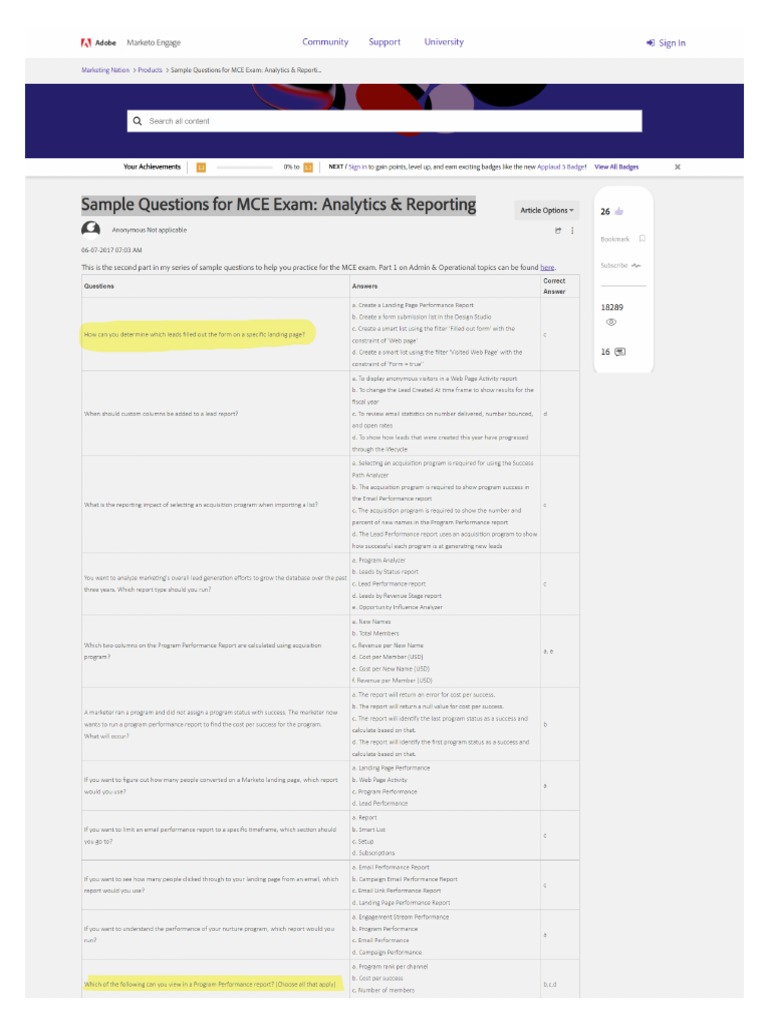 Sample Questions Marketo Analytics Reporting | PDF