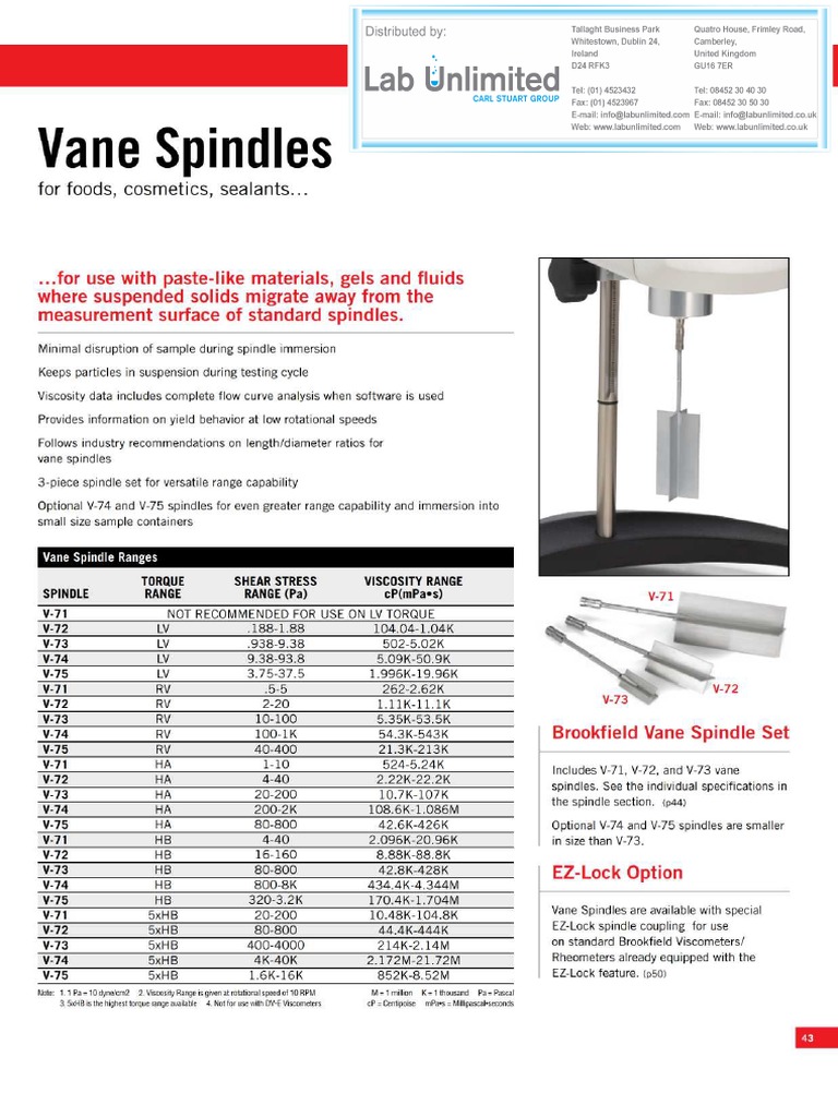 Brookfield Spindles Brochure | PDF | Shear Stress | Viscosity