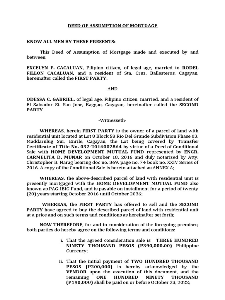 Deed of Assumption of Mortgage | PDF | Law
