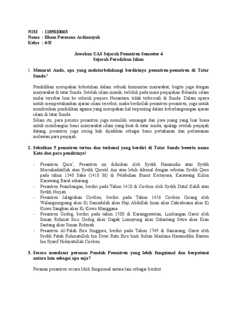 UAS Sejarah Pesantren Ilham Permana Ardiansyah | PDF | Agama ...
