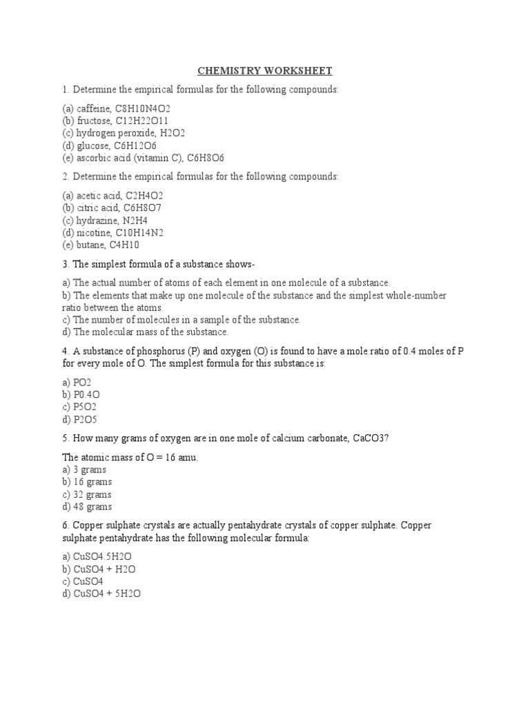 CHEMISTRY WORKSHEET Numericals Class 9 | PDF | Molecules | Chemical ...