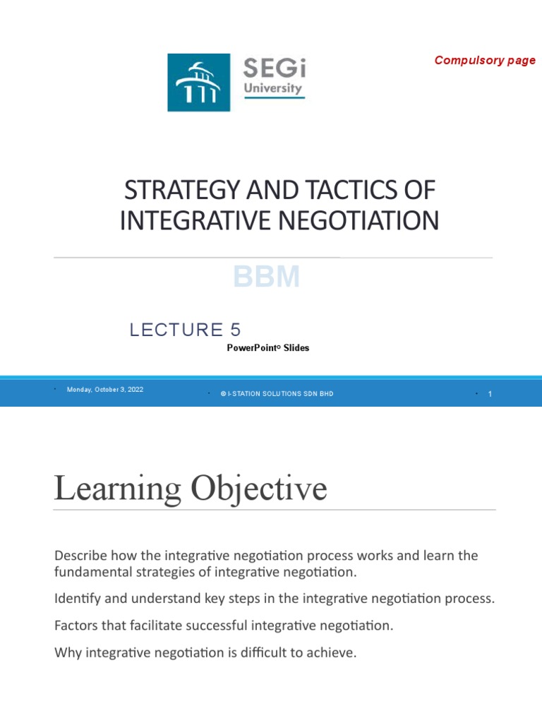 Lecture 5 - Strategy and Tactics of Integrative Negotiation | PDF | Negotiation | Psychology