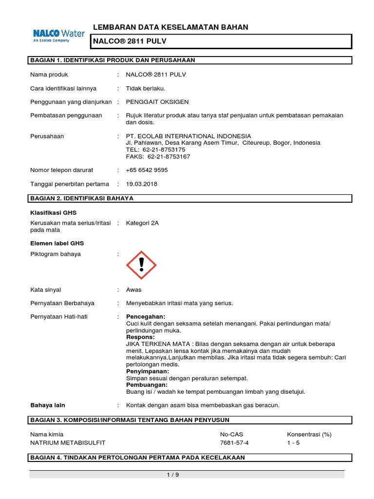 MSDS - Nalco 2811 Indo | PDF