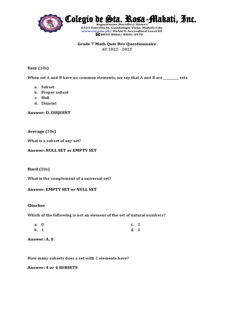 Grade 7 Math Quiz Bee Questionnaire | PDF