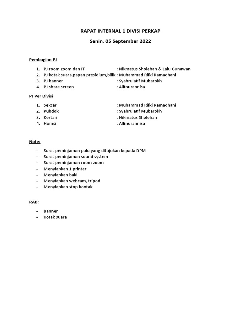 Notulensi Rapat Internal 1 Perkap Muscil | PDF