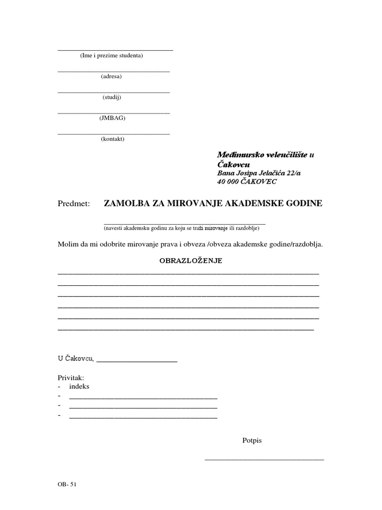Zamolba Za Mirovanje Akademske Godine | PDF