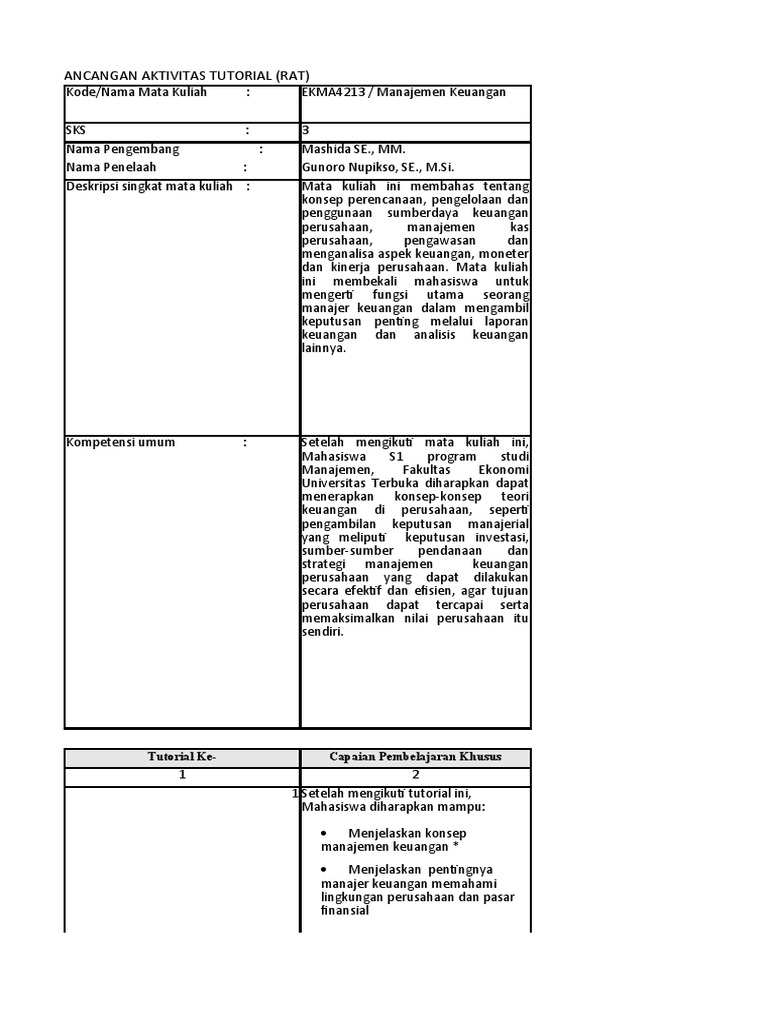 Rancangan Aktivitas Tutorial (Rat) Emka 4213 - 1-5-2019 | PDF