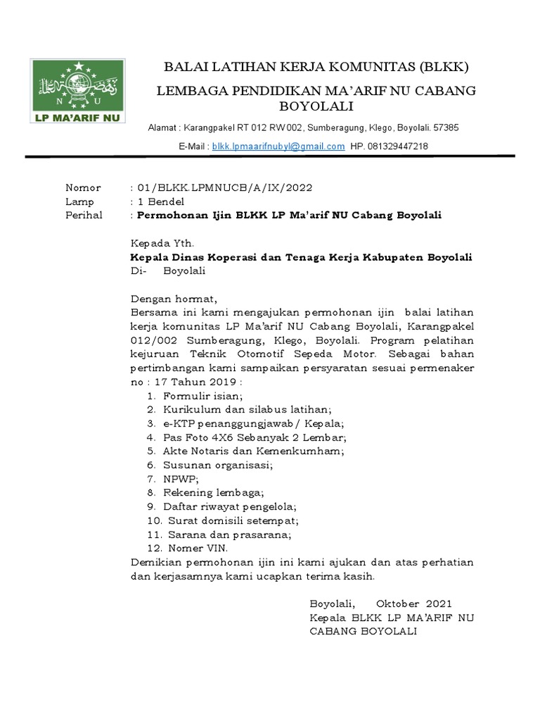 Surat Permohonan Ijin Operasional BLKK LP Ma'Arif NU Cabang Boyolali | PDF Surat Permohonan Ijin Operasional BLKK LP Ma'Arif NU Cabang Boyolali | PDF