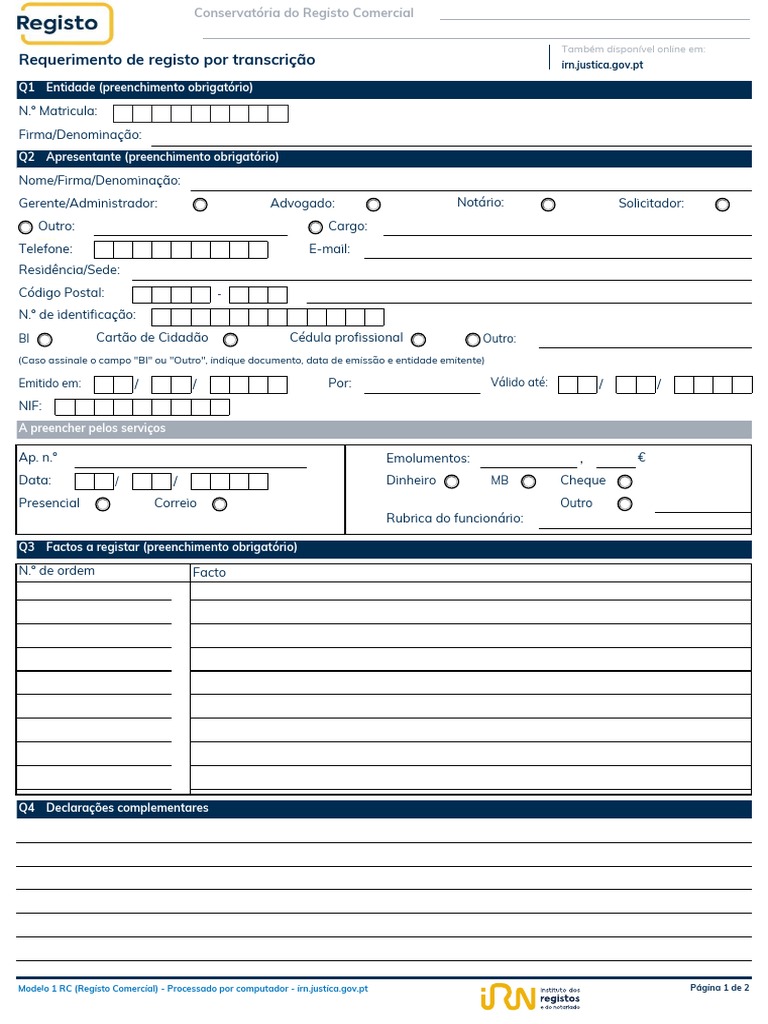 Requerimento de Registo Comercial Modelo 1 | PDF