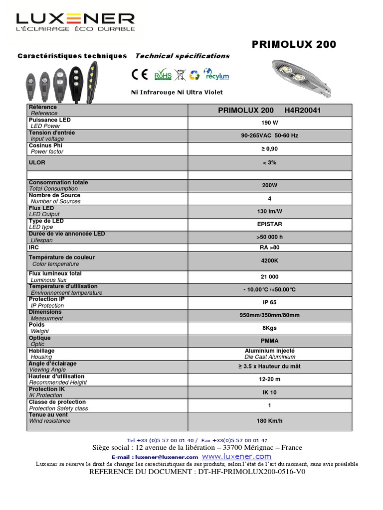 Spécifications PRIMOLUX 200 | PDF | Lumière | Composant