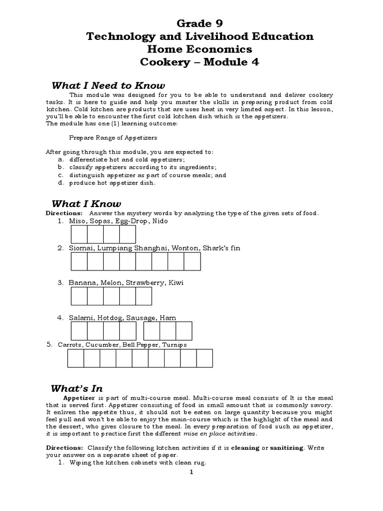 G9 Cookery Q1 Module 4 - Activity - Sheet 1 | PDF | Hors D'oeuvre | Meal