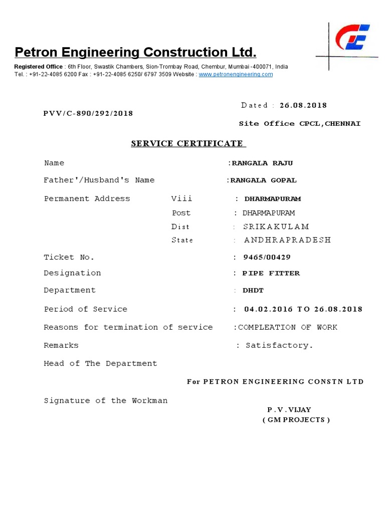 Petron Engineering Pipe Fitter Certificate | PDF