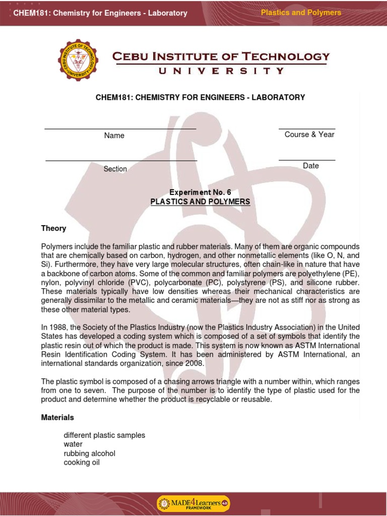 CHEM181.Experiment 6 Plastics&Polymers | PDF | Plastic | Polymers