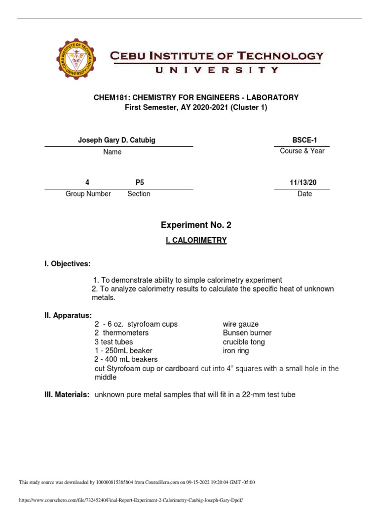 Final Report Experiment 2 Calorimetry Caubig Joseph Gary D PDF | PDF ...
