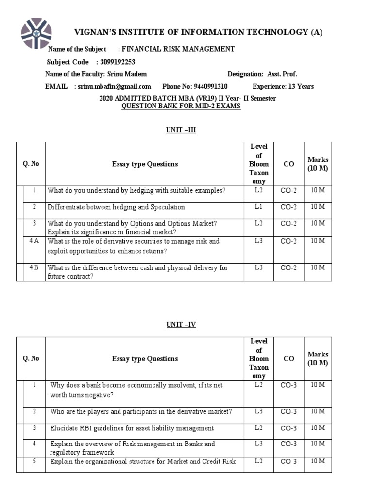 8 - FRM Question Bank - MID-2 Modified | PDF